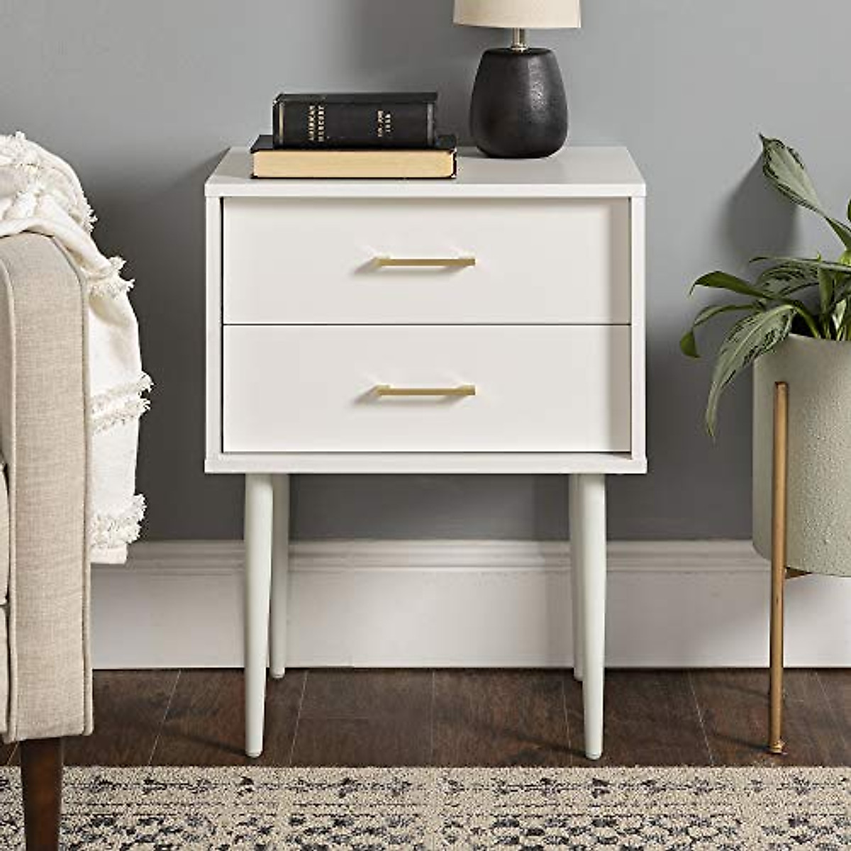 Walker Edison Evie Mid-Century Modern 2-Drawer Side Table Set, 2 Pack, White