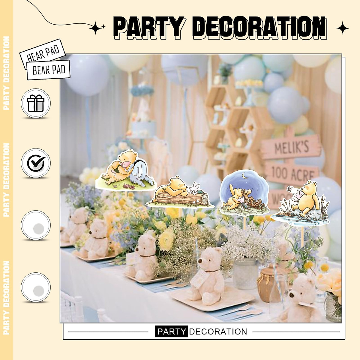MEMOVAN 16pcs Classic The Pooh Centerpieces for Baby Shower Decorations Winnie Centerpieces Sticks Oh Baby Winnie Table Toppers for Winnie Birthday Party Supplies