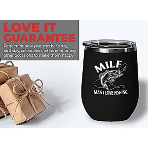 Fishing Black Edition Wine Tumbler 12oz - MILF Man I Love Fishing - Fishing Fisherman Fish Lover Retirement Hook Bait Reel Rod Spooling Fisher Dad Outdoor Hobby