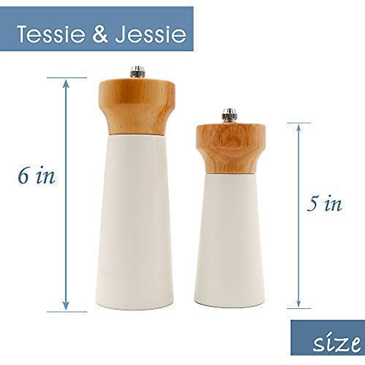 Salt and Pepper Grinders White Salt Shaker Wooden Pepper Salt Grinder Set Pepper Mill - Stainless Ceramic Refillable for Sea Salt Black Pepper - 5" And 6" Christmas Gift Set By Tessïe & Jessïe