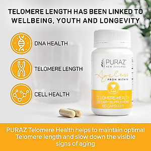 PURAZ Telomere Supplements w/Potent Astragalus Root Extract and Collagen | Superior Immune Support, Anti-Aging, DNA Repair | Pure Telomerase Enzyme for Telomere Lengthening and Support | 60 Capsules