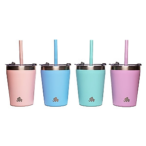 ELEFANT Kids & Toddler Cups (SET of 2), Stackable Stainless Steel Insulated Tumblers with BPA FREE Leak Proof Lids and Reusable Silicone Straws, Elegant, Powder Coated (BLUE + TURQUOISE)