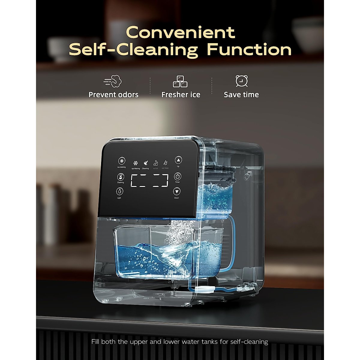 ecozy Nugget Ice Maker Countertop, Intuitive Ergonomic EcoScreen with One-Touch Timer, 33Lbs/24H Pebble Ice Maker Machine, Pull-Out Ice Basket with 3Lbs Storage, Self-Cleaning for Drinks & Cocktails