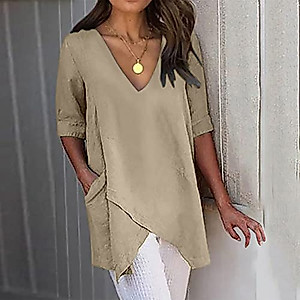 Ceboyel Womens Cotton Linen Summer Tops Irregular Hem Shirts V Neck 3/4 Sleeve Blouses Tunic Loose Fit Ladies Clothing 2023