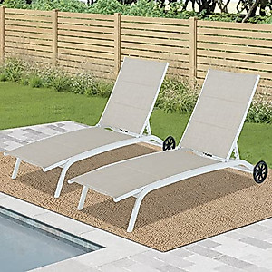 Ulax Furniture Outdoor Chaise Lounge Adjustable Padded Patio Reclining Chaise Lounger Chair with Non-Rust Aluminum Frame and Wheels, Set of 2 (Beige)