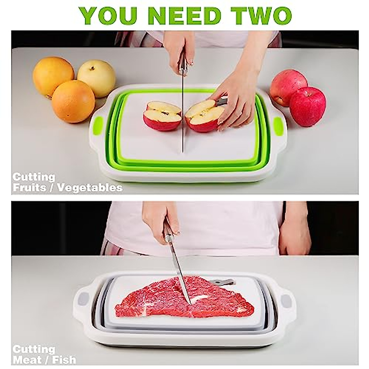 2 Pack Collapsible Cutting Board, Foldable Dish Tub with Draining Hole, Portable Chopping Board with Colander, 3 in 1 Multifunction Camping Sink for Washing Dish, Bowl, Vegetables and Fruit