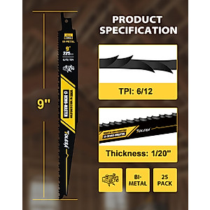TOLESA 9 Inch 6/12 TPI Reciprocating Saw Blades for Wood and Nail-Embedded Wood Demolition, 5 Pack Bi-Metal Reciprocating Saw Blade for Fast & Smooth Cutting