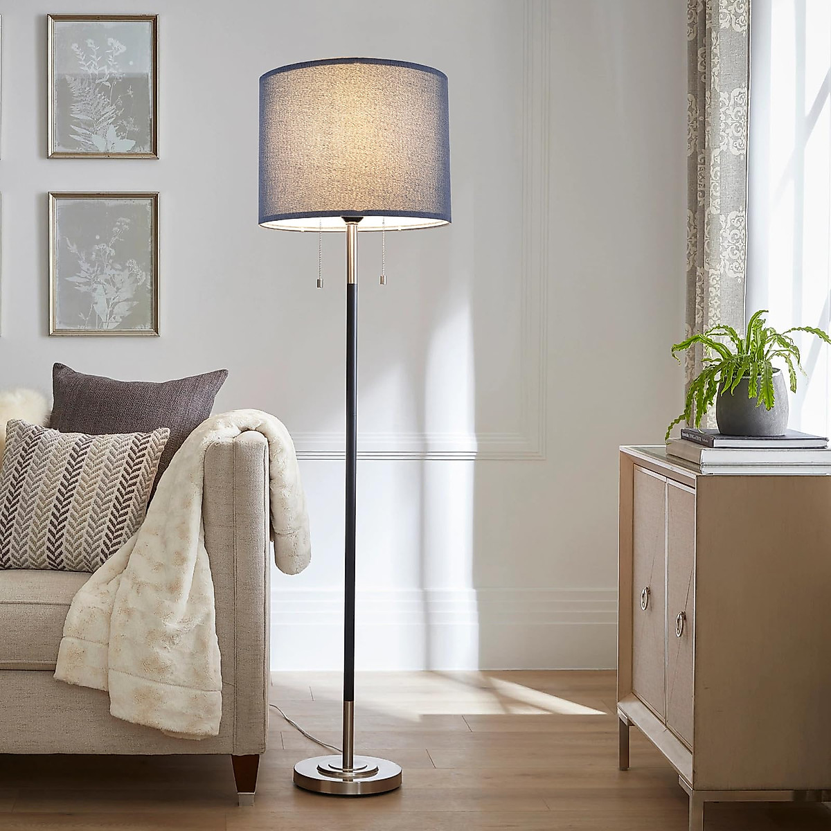 Lamp Shades Set of 2, Drum Lampshade for Table Lamps Floor Lamp, 12" Top X 12" Bottom X 8" High Blue Large-Medium Line Fabric Lamp Shades, Easy Assembly Replacement Lampshades