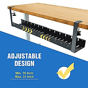 No Drilling Extendable Under Desk Cable Management, Metal Cable Management Tray Under Desk with Clamp, Retractable Power Strip Cord Holder for Wire Management 31Inch