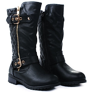 JJF Shoes Kids Girls Mango21 Black Dual Buckle/Zipper Quilted Mid Calf Motorcycle Boots-9