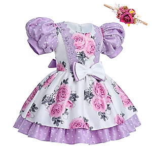 Girls Flower Puff Sleeve Dress 2PCS Pageant Princess Summer Dresses with Floral Headband Front Bowknot Wedding Birthday Dress Up Clothes Baby Girl Christening Baptism Outfits Purple 6-12 Months