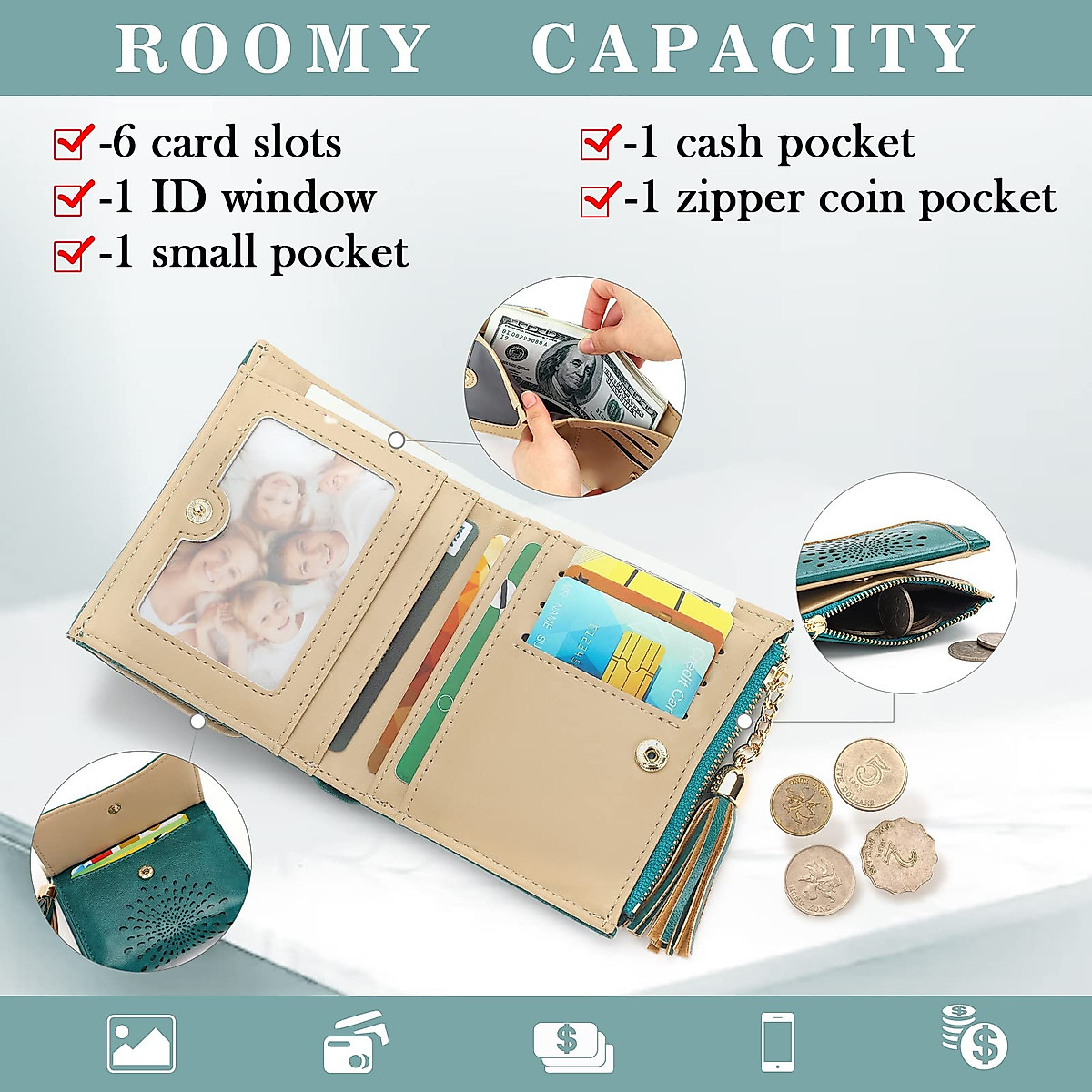 APHISON Small Wallet for Women, Sunflower RFID Wallet Women Leather Womens Wallet Cute Compact Bifold Wallets Zipper Tassel Coin Purse ID Card Holder Peacock Blue