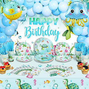 Libima 166 Pcs Sea Turtle Birthday Party Decorations Under the Sea Party Tableware Set Ocean Turtle Backdrop Banner with Blue Balloons Arch Garland Kit for Underwater Animal Baby Shower Party Supplies