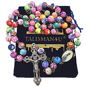 TALISMAN4U CATHOLIC ROSARY NECKLACE Colorful Polymer Beads Our Lady of Fatima Jesus Cross Holy Land Gift Rosary Pouch