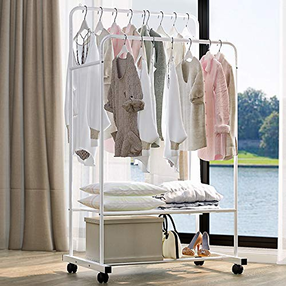 MOAMUN Clothes Rack on Wheels Heavy Duty Rolling Garment Rack, Clothing Organizer Multifunctional Bedroom Clothing Rack(White)