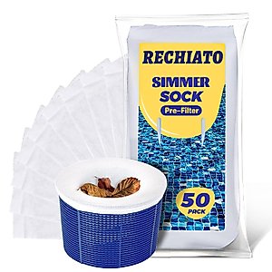 RECHIATO 50 Pack Pool Skimmer Socks for Pool Filters, Filters Baskets and Skimmers to Filter Debris and Leaves, Protact Filter System of Inground and Above Ground Pools