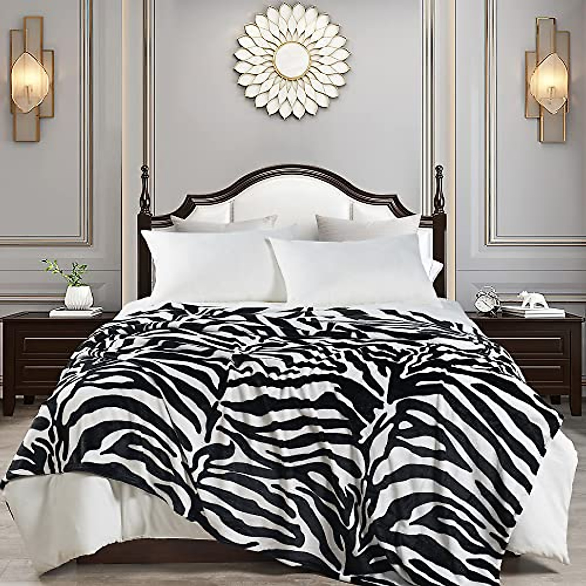 Home Soft Things Light Weight Animal Safari Style Black White Zebra Printed Flannel Fleece Blanket (Queen)