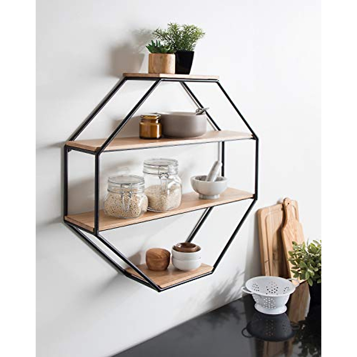 Kate and Laurel Lintz Farmhouse Octagon Wall Shelf, 24 x 24, Rustic Brown and Black, Modern 4-Tier Geometric Shelves for Wall