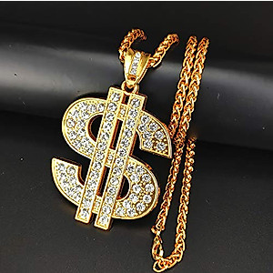HENGYID Hip Hop Jewelry Gold Necklace Chain with Dollar Sign, 18K Gold Plated Hip Hop Chain Necklace Pendant for Men, 32 inch