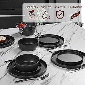 Webbylee Melamine Dinnerware Set - 12pcs Matte Round Plates and Bowls Set Indoor and Outdoor use Summer Camping Dish Set for 4 Dishwasher Safe-Dark Gray