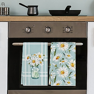 AnyDesign Daisy Flower Spring Kitchen Towel Summer Floral Dishcloths Light Blue Watercolor Reusable Hand Drying Tea Towel for Farmhouse Seasonal Cooking Baking Cleaning, 18 x 28 Inch, 2 Packs