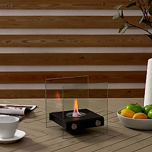 Danya B. Square Tabletop Smokeless Fireplace with Clear Glass Panels for Indoor/Outdoor Use, Ventless, Portable, 7.5" H x 6.75" D x 7.5" W, Modern Matte Black Metal Fire Pit, uses Bio-Ethanol Fuel
