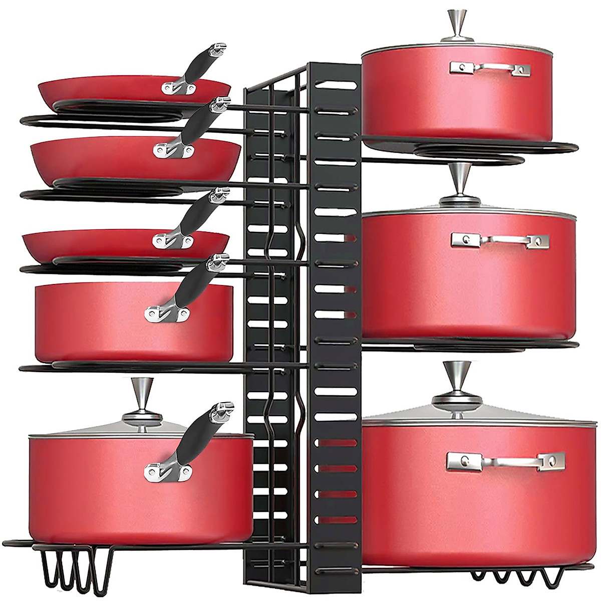 Podxco Pan Organizer Rack for Cabinet Pot Rack with 3 Diy Methods Adjustable Pot and Pan Organizer with 8 Tiers Pot Lid Organizer Holder Metal Heavy Duty Pot Organizer for Kitchen Counter and Cabinet