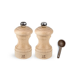 Peugeot Bistro Manual Salt & Pepper Mill, Natural Wood 10 cm - 4in - With Wooden Spice Scoop (Salt & Pepper Mill Set)