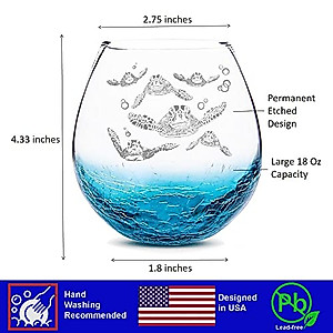 Sea Turtle Gifts, Deeply etched Sea Turtles Family Handmade Engraved Crackle Turquoise Beach Wine Glass, Gifts for Turtle Lover Men Women