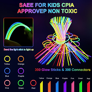 OLUPP 325PCS Glow in the Dark Party Supplies, Glow Sticks Glasses Favors, 300 PCS Glow Sticks and 25 PCS LED Glasses, Neon Party Favors for Glow Party, Wedding, Concert, Raves, Birthday, New Year