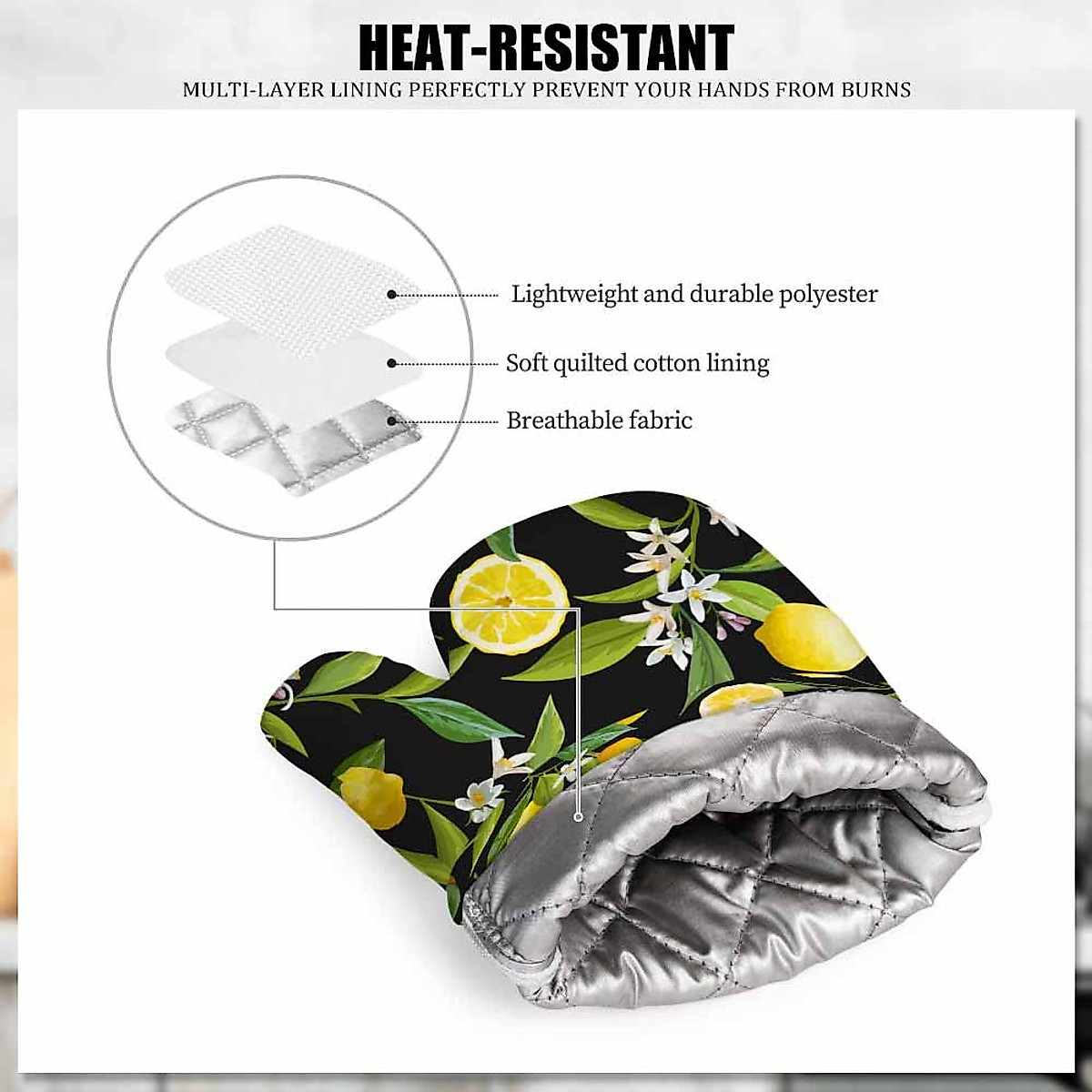 Mxocom Lemon Fruits Silicone Oven Mitts and Pot Holders Sets Flowers Leaves Lemons BBQ Gloves for Kitchen,Cooking,Baking,Grilling