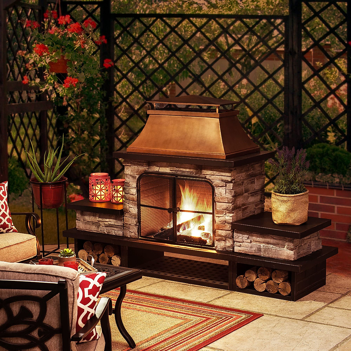 Sunjoy Outdoor Fireplace, Patio Wood Burning Fireplace with Steel Chimney, Mesh Spark Screen Doors, Fire Poker, and Removable Grate, Copper and Black