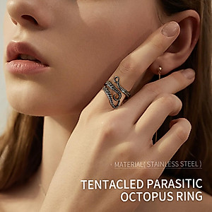 SA SILVERAGE Stainless Steel Octopus Ring, Vintage Adjustable Mens Jewelry Punk Goth Cool Rings for Women Men Party Wedding Band Sea Monster