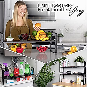 Expandable Kitchen Cabinet Shelf Organizers - Adjustable Height & Width Shelf Riser - Stackable Shelves - Pantry Shelf Organizer Rack - Cupboard Cabinet Storage Shelf Rack - Countertop Organizer