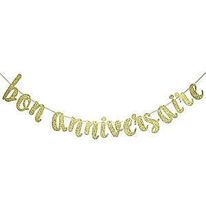 Bon Anniversaire Banner for Happy Birthday Party Decorations French Theme Sign Photo Backdrop (Gold Glitter)