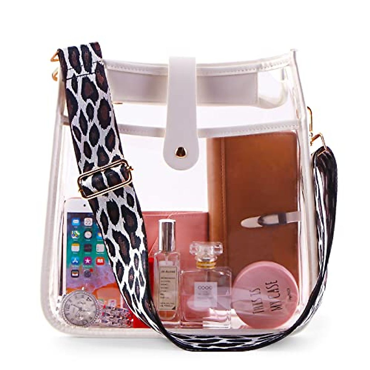 BOBOKA Clear CrossBody Bag with Leopard Guitar Strap Clear Bag Stadium Approved Shoulder See Through Handbag Purse for Women
