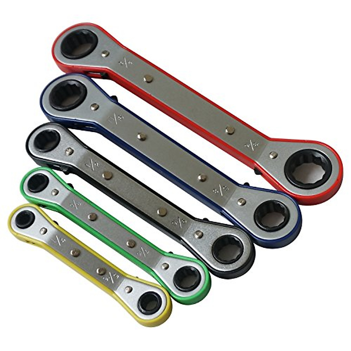MacWork 5-Piece Offset Ratcheting Wrench Set ，Five Colors Reversible Universal Ratchet Double Ring Spanners,Professional Heat Treated Alloy Steel SAE Combination
