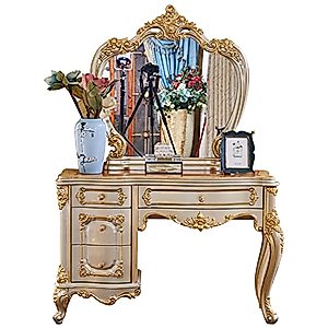 MARURY 47" Light Luxury Makeup Vanity Dressing Table, European Retro Solid Wood Make-up Table with Make-up Stool, Vintage Vanity Table with Mirror, for Bedroom,Entryway, Hallway, Living Room