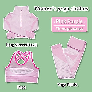 SINBRLAI Women's 3pcs Seamless Workout Outfits Sets, Yoga Sportswear Tracksuit Leggings and Stretch Sports Bra Fitness