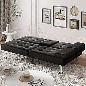 Furniwell Futon Sofa Bed Modern Faux Leather Sofa Couch for Living Room Convertible Folding Adjustable Recliner with 2 Cup Holders and Armrests (Black)