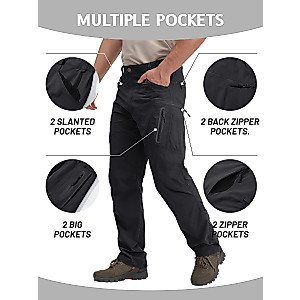 TACVASEN Men's Hiking Pants Quick-Dry Water-Resistant Reinforced Knees Pants Black, 30