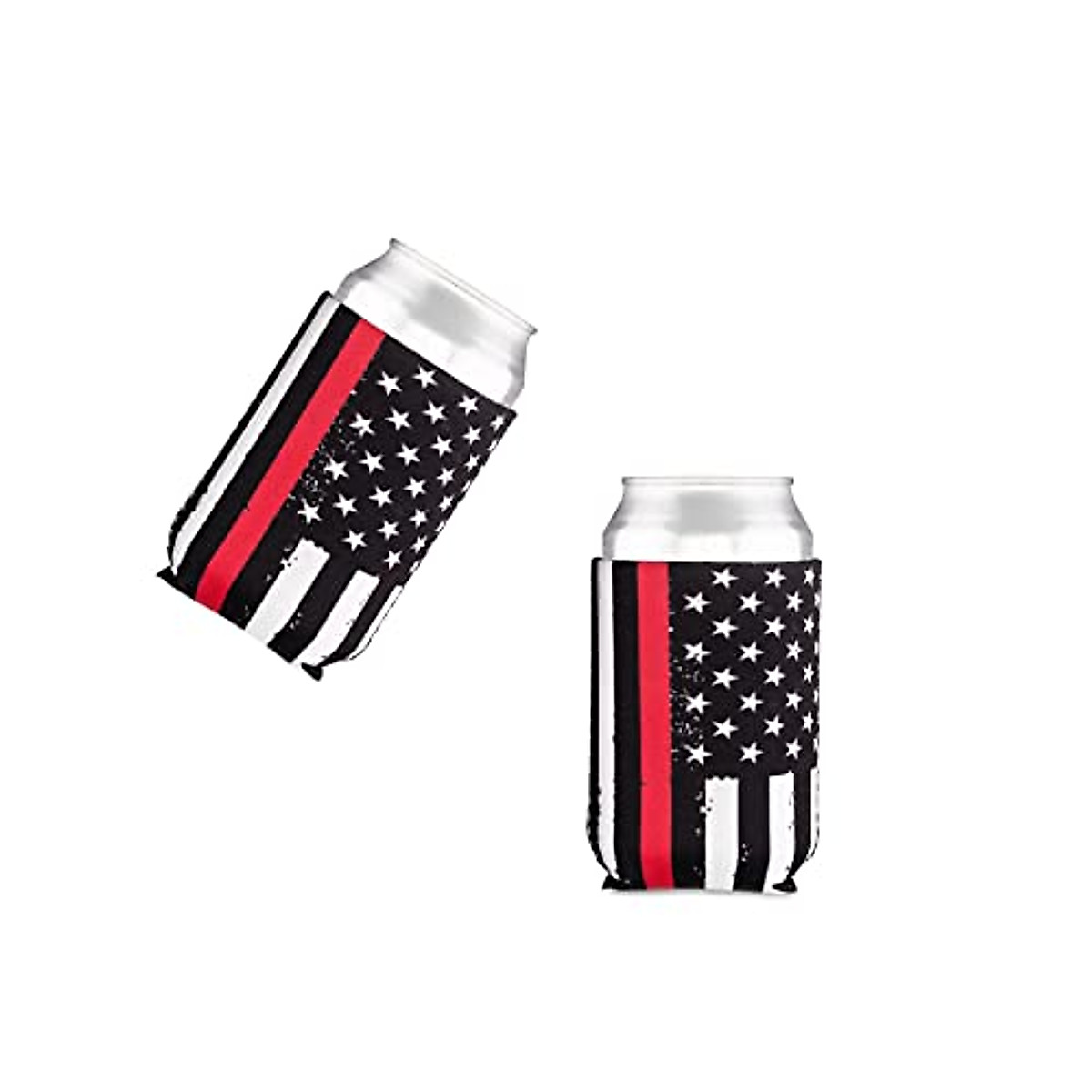 Thin Red Line Collapsible Beer Can and Bottle Beverage Cooler Sleeves - 2 Pack - Standard Size 12 oz - 3mm Thick Insulated Neoprene - Fireman Firefighter