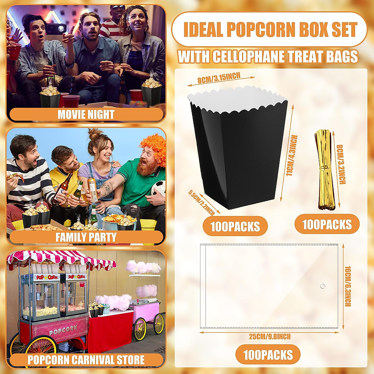 Zopeal Mini Popcorn Boxes and Clear Treat Bag Set, Bulk Popcorn Bags Open Top Paper Popcorn Containers with Treat Bags Popcorn Candy Boxes for Movie, Party, 3 x 4 Inch(Black, 200 Pcs)