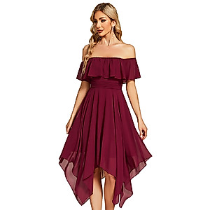 Ever-Pretty Women's Elegant Off The Shoulder Asymmetric Hem Chiffon Midi Spring Dresses for Women Burgundy US12