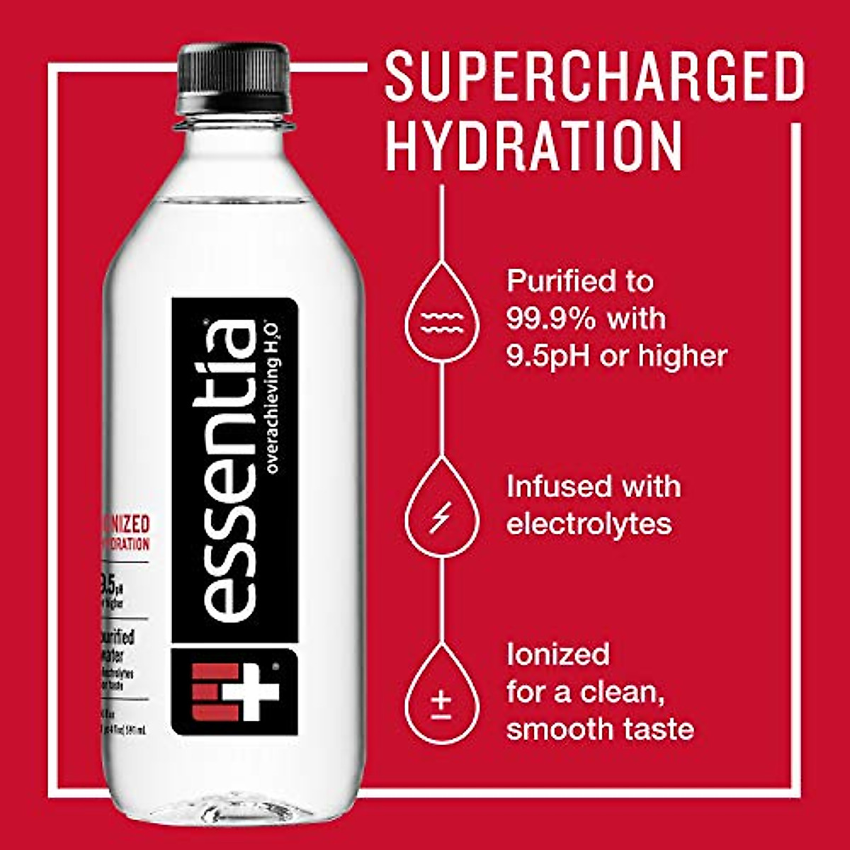 Essentia Bottled Water, Ionized Alkaline Water; 99.9% Pure, Infused with Electrolytes, 9.5 pH or Higher with a Clean, Smooth Taste, 20 Fl Oz (Pack of 24)