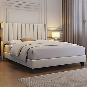 Yaheetech Full Bed Frame Upholstered Platform Bed with Fabric Headboard, Wing Edge Design/Non-Slip and Noise-Free/Wooden Slats Support/No Box Spring Needed/Easy Assembly, Beige Full Bed
