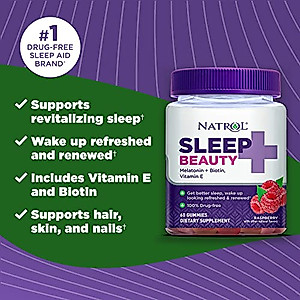 Natrol Sleep+ Beauty, Drug Free Sleep Aid Supplement, for Skin, Hair, Nails, Biotin, Vitamin E, 60 Raspberry Flavored Gummies