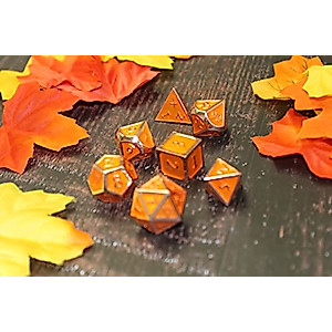 Metal Imperial Dice Set with Display Box | Metal Dice for Tabletop RPG Games Dungeons Dragons (Pumpkin Spice Orange Set)