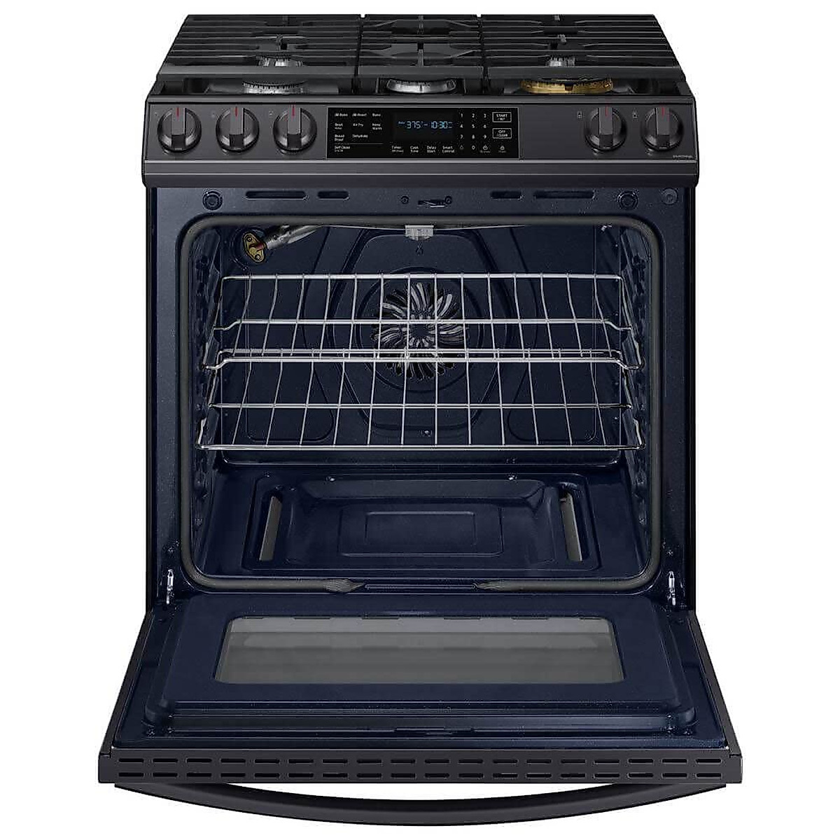 SAMSUNG 6.0 Cu Ft Smart Front Control Slide-In Gas Range Kitchen Stove w/ Air Fry, Convention+, Wi-Fi, Large Oven Capacity, NE60T8511SG/AA, Fingerprint Resistant Stainless Steel, Black