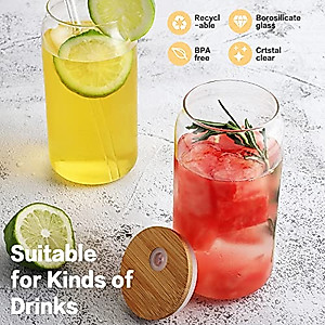 HOMBERKING Glass Cups with Bamboo Lids and Straws 8pcs Set, 20oz Can Shaped Glass Cups, Beer Glasses, Iced Coffee Cups, Cute Tumbler Cup with 2 Cleaning Brushes, Ideal for Cocktail, Whiskey, Tea, Gift